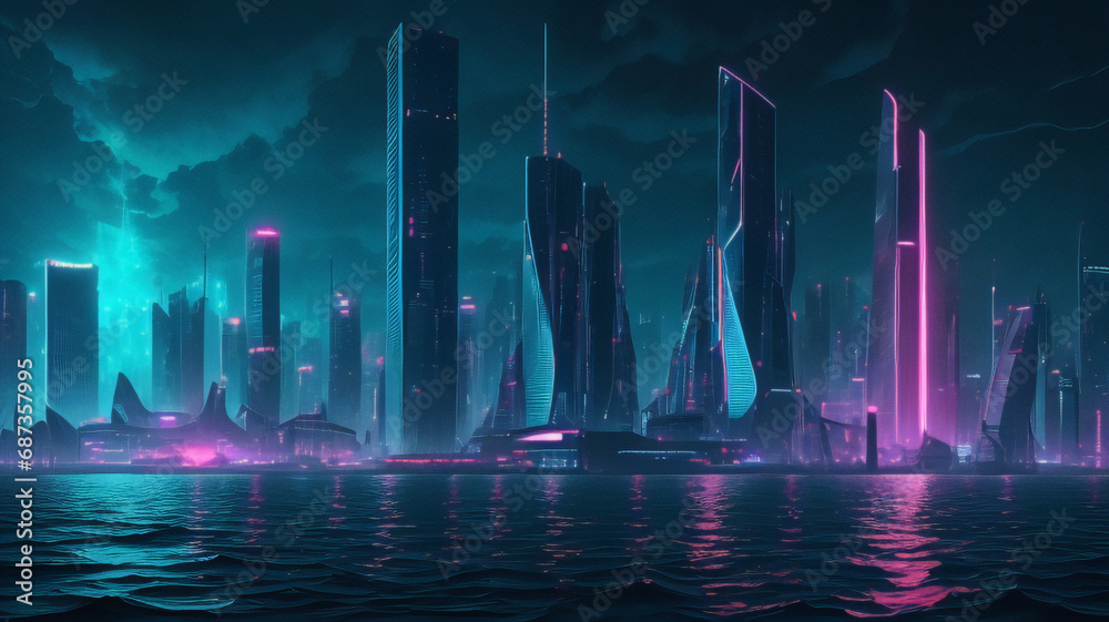 Blue Night city lights. Neon urban future. Rainy Futuristic city in a ...