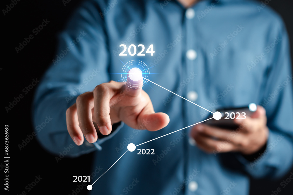 Pointing Happy New year 2024 with chart graph and countdown merry ...