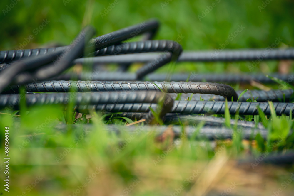Iron wire reinforcement of concrete work. Construction site objects of ...