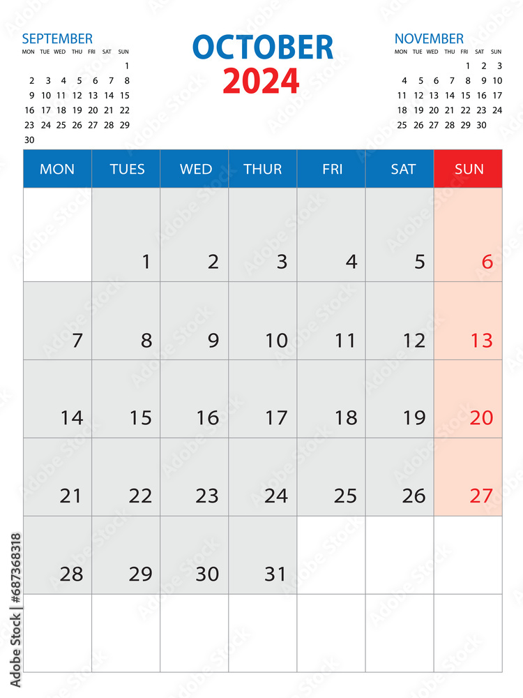 Calendar 2024 template - October 2024 year, week start on monday, Wall ...