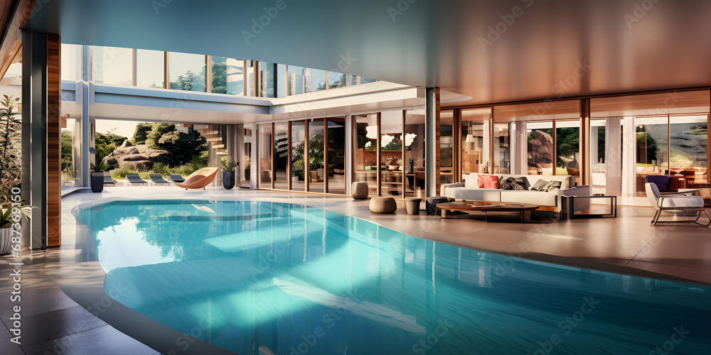 Futuristic concept of the indoor swimming pool aquatic sanctuary and ...