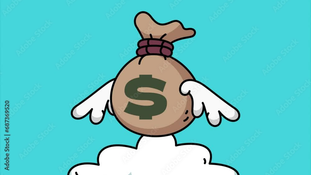 Animation of a winged money bag flying in the sky, 2D cartoon money in ...