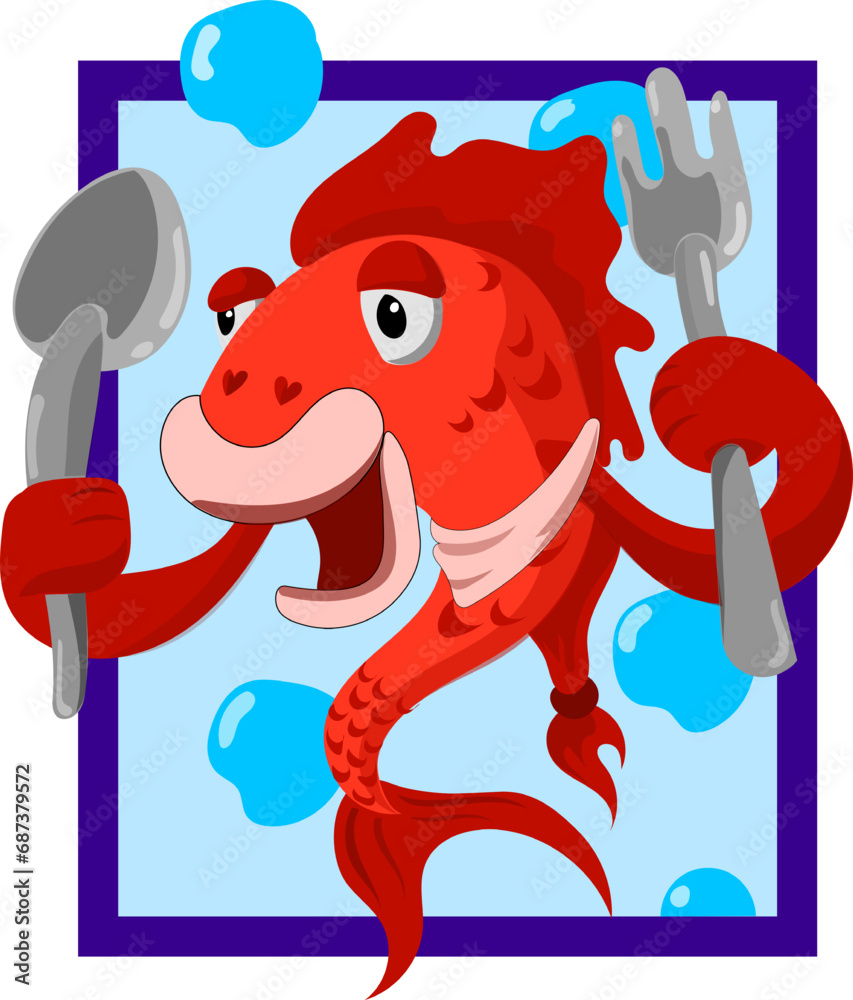 graphic illustration of a red fish ready to eat in animated form, this ...