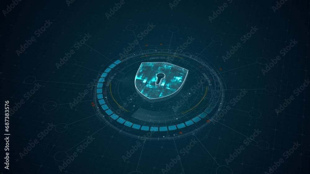Motion Graphic Of Blue Digital Security Key Logo And Circle Futuristic Hud Elements With Network
