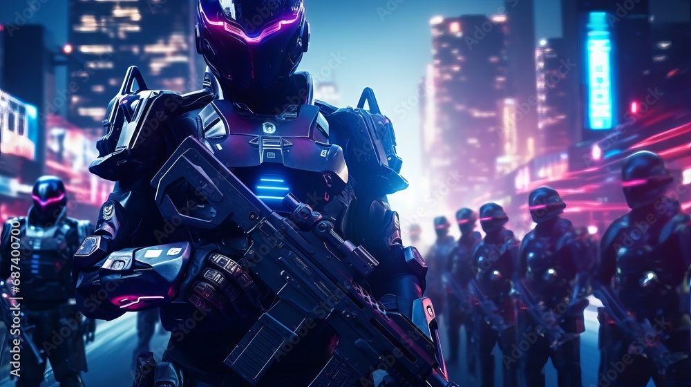 futuristic robotic swat team in sci-fi cityscape with glowing beams ...