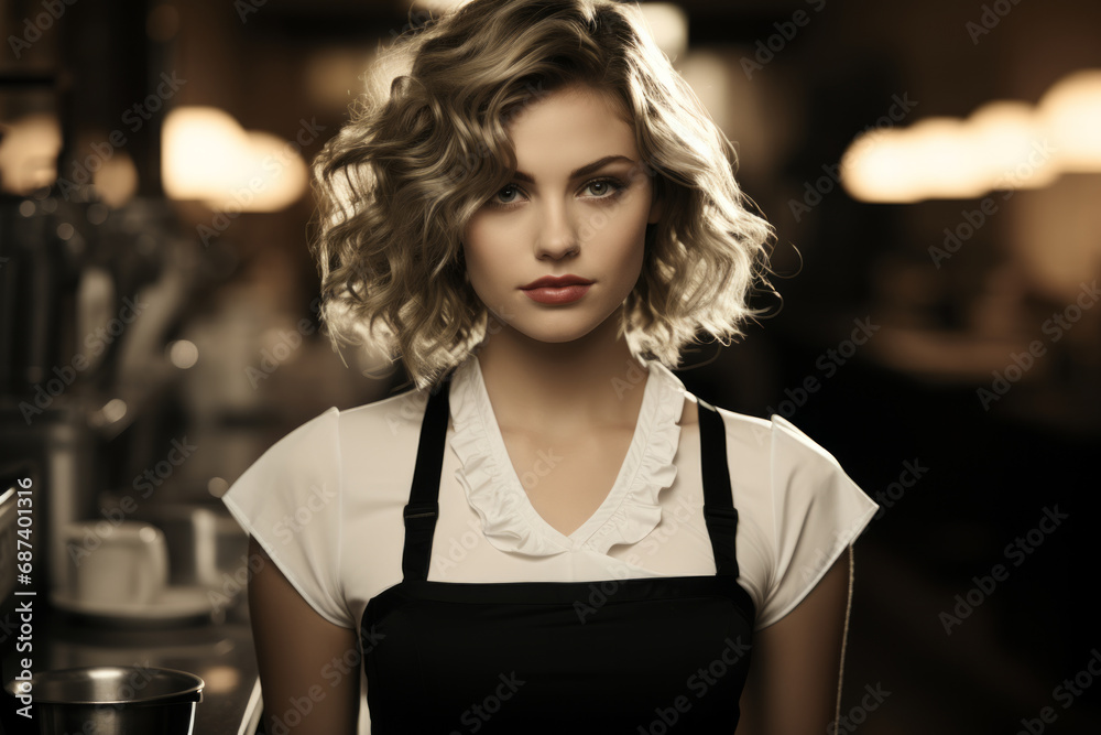 Girl working as a waitress in a vintage cafe in 1930s style and wears ...