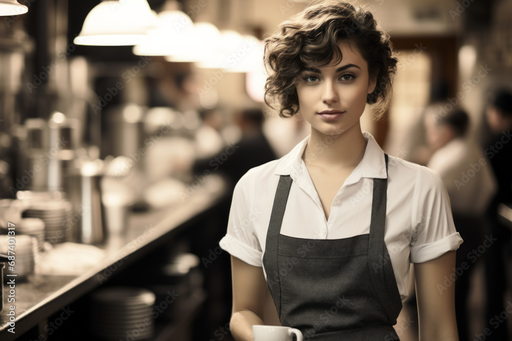 Girl working as a waitress in a vintage cafe in 1930s style and wears ...