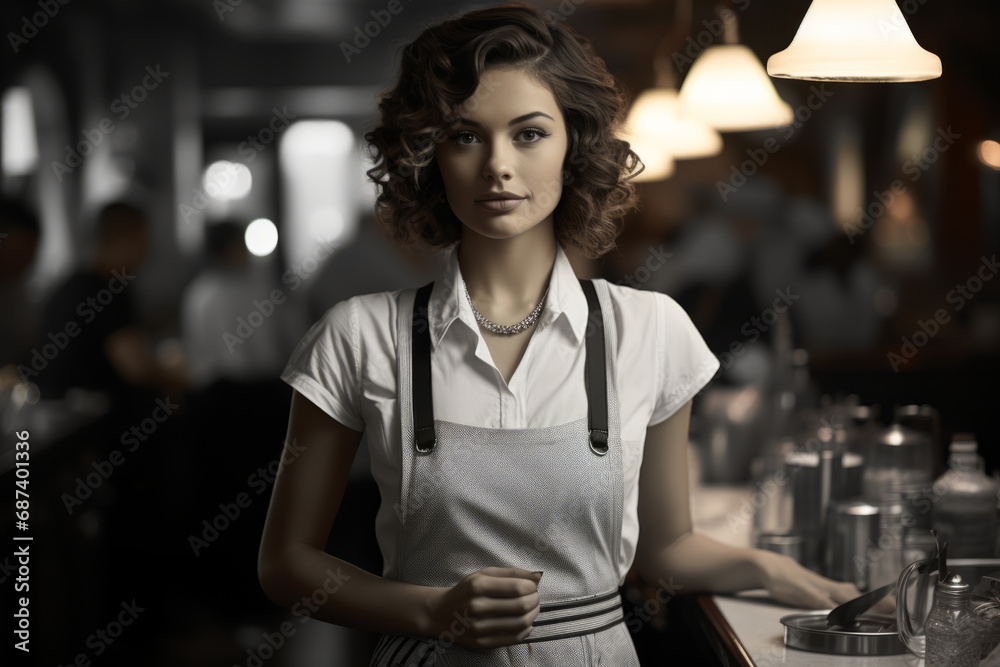 Girl working as a waitress in a vintage cafe in 1930s style and wears ...