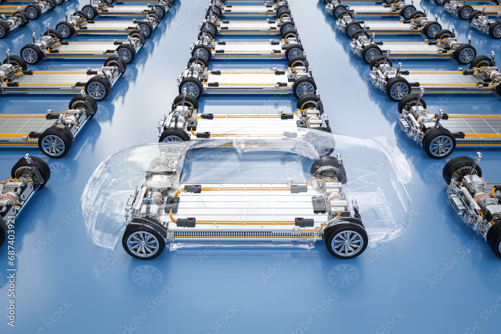 Electric cars assembly line with pack of battery cells module on ...
