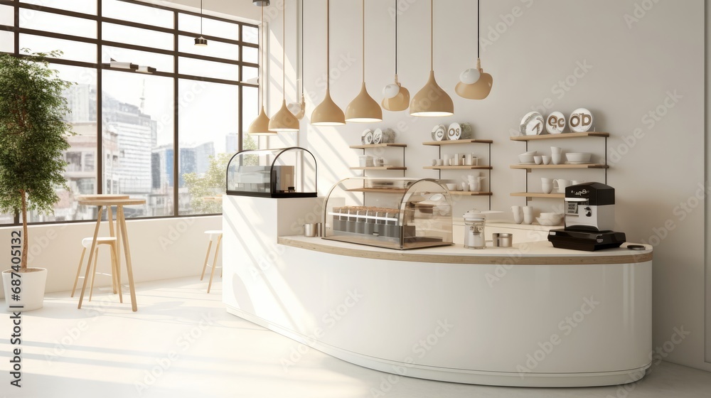 Small modern Korean style design cafe, glossy ivory white round corner ...