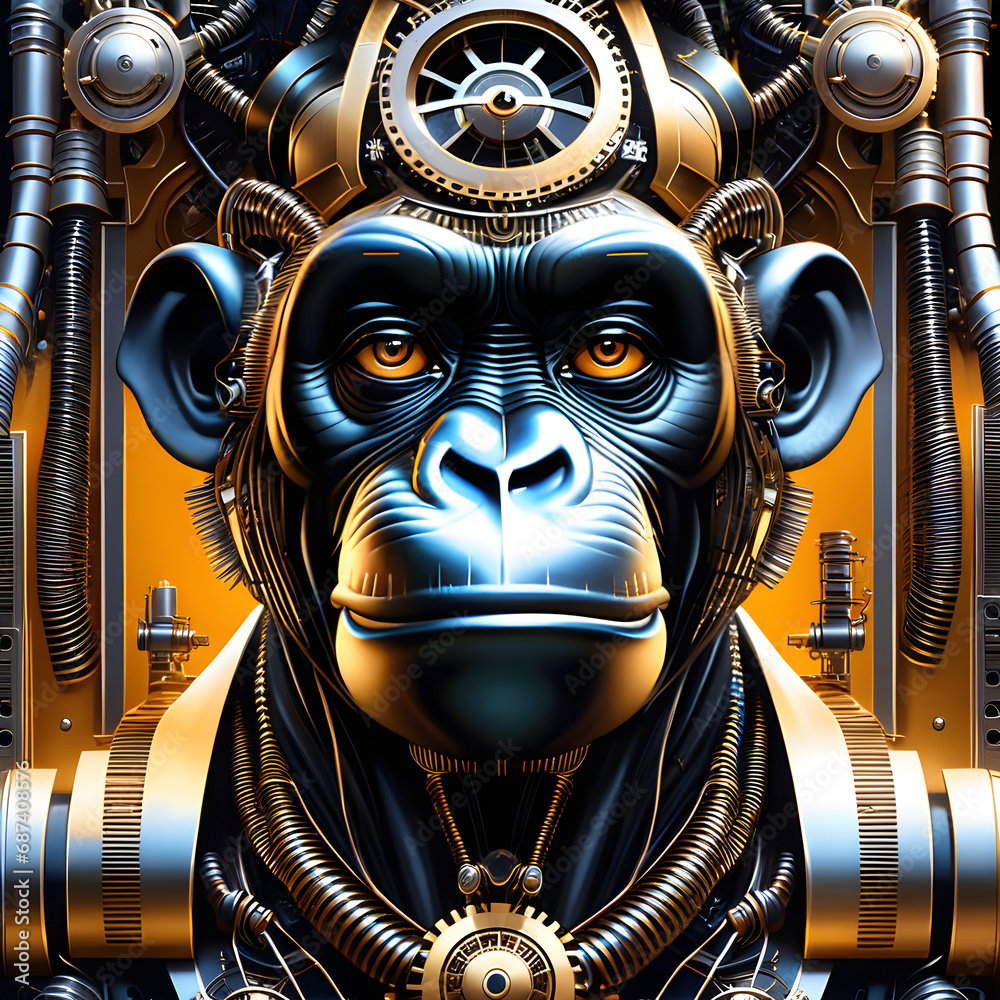 This portrait of a chimpanzee is a robot steampunk, biomechanical ...