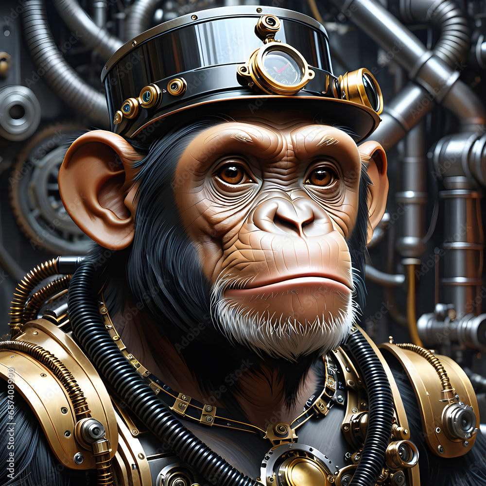 This portrait of a chimpanzee is a robot steampunk, biomechanical ...