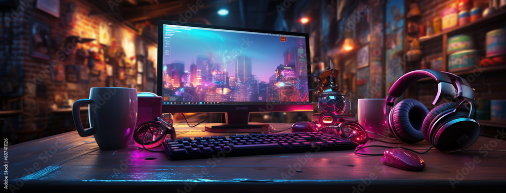 Poster Wide gaming console table image with colorful neon busy room ...