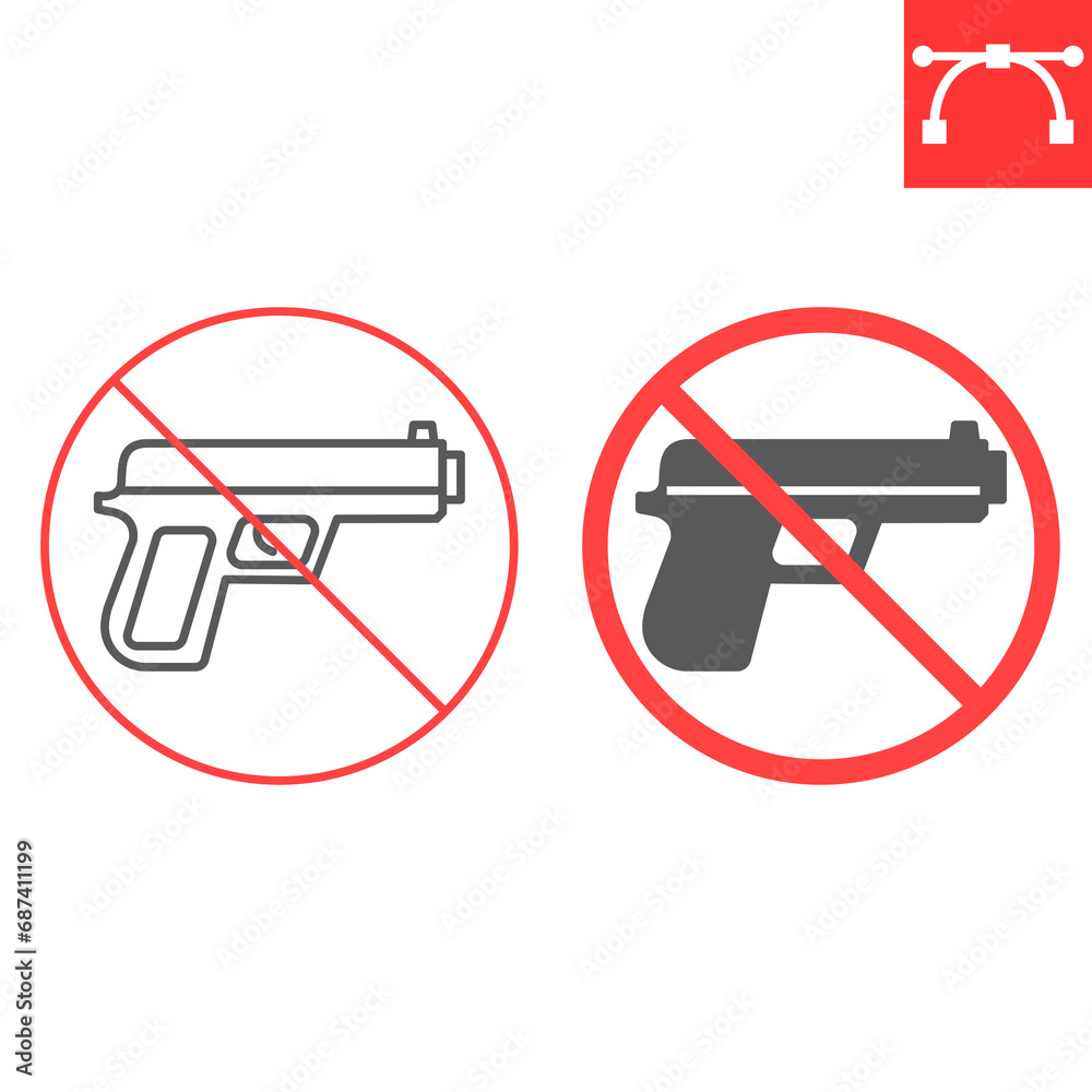 No gun line and glyph icon, prohibition and forbidden, no pistol sign ...