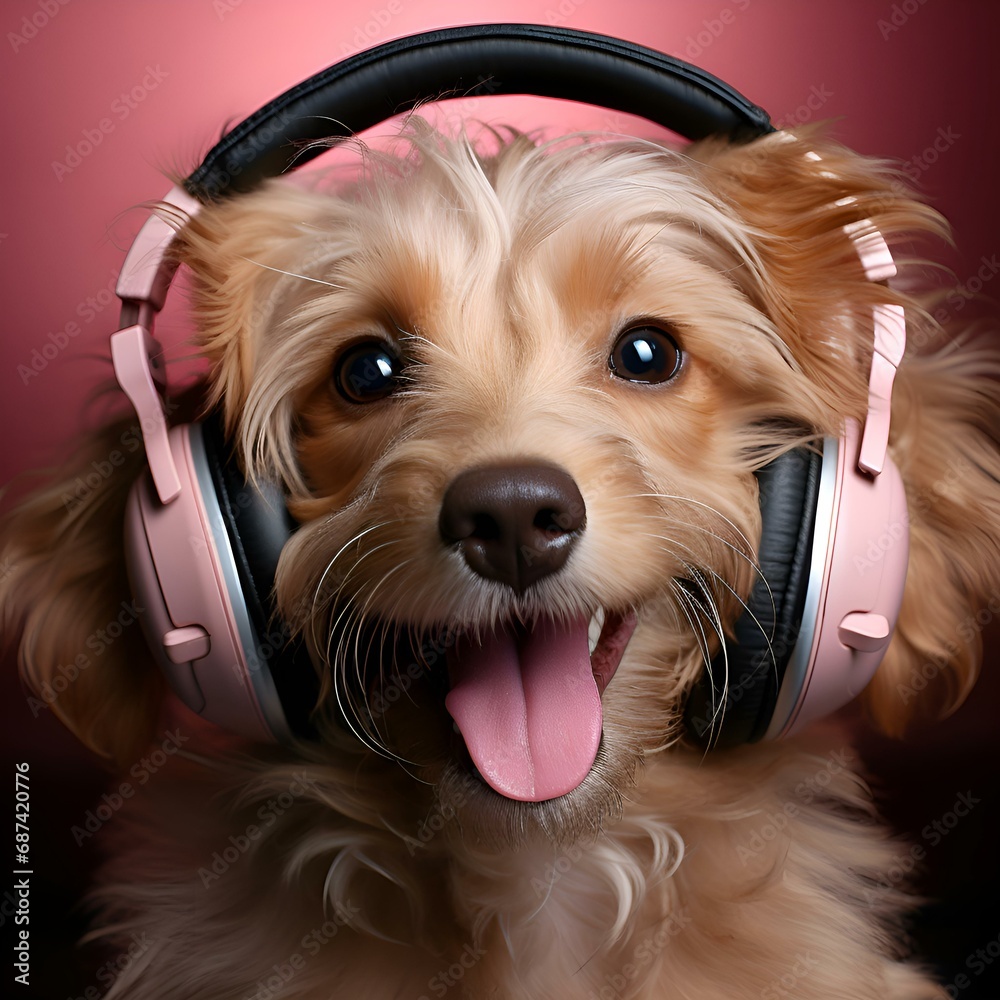 Cute and happy little dog in headphones looks into the frame on a pink ...