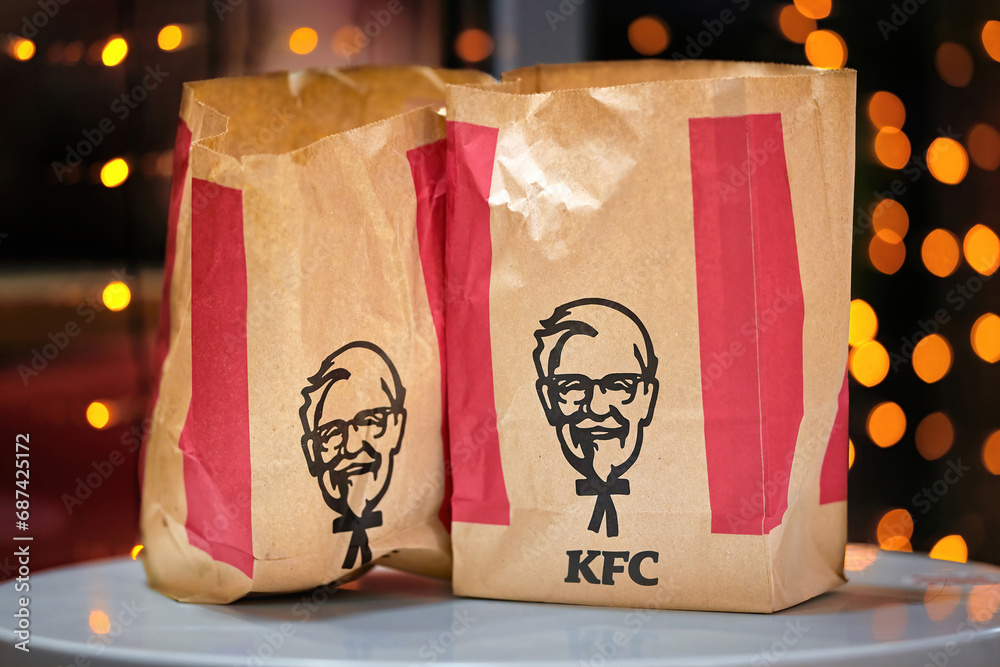 Minsk, Belarus. Nov 25, 2023. Two KFC paper bags with Kentucky Fried ...