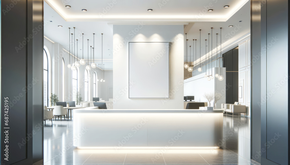 White reception counter in modern office lobby with blank poster on ...