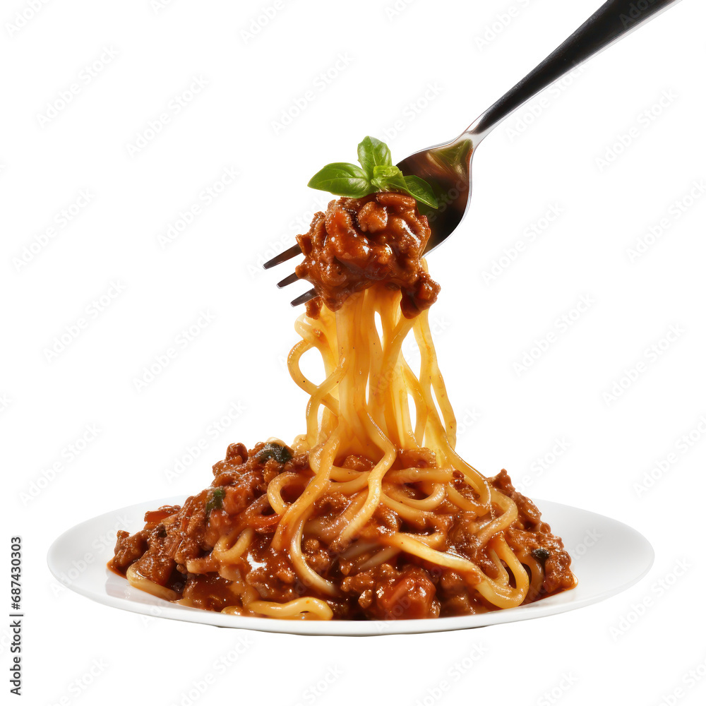 Spaghetti with sauce bolognese hanging on a fork isolated on ...