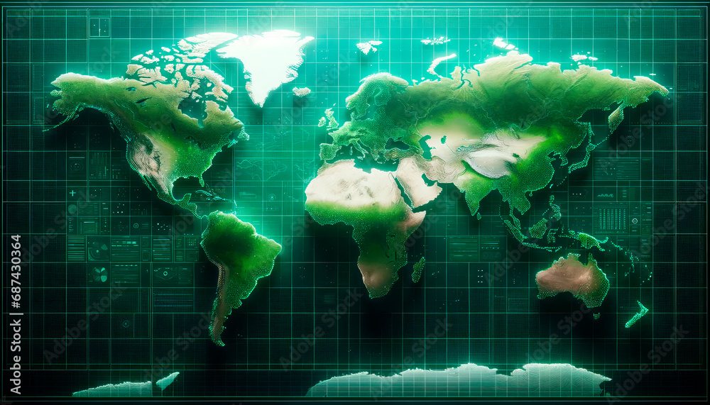 3D digital world map with topography lines on green grid background ...