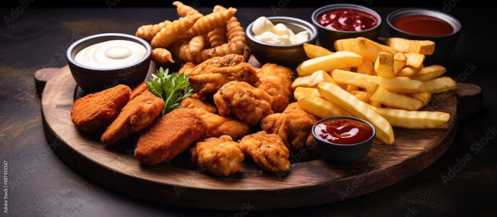 Assorted street food platter with mozzarella sticks, chicken wings ...