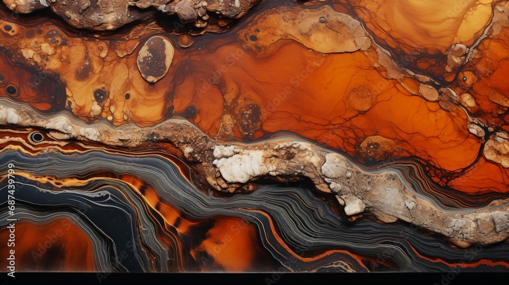 Richly layered epoxy surface resembling molten metal on a vertical ...