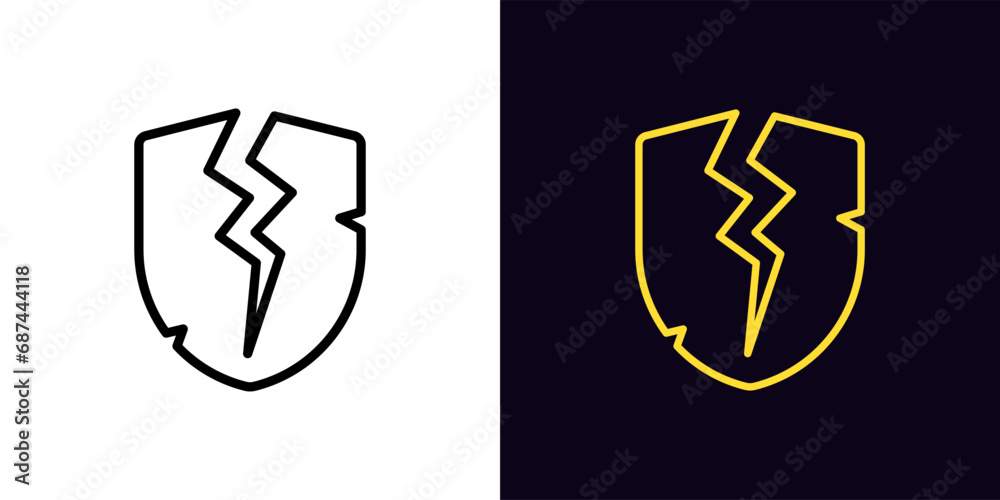 Outline cracked shield icon, with editable stroke. Broken shield ...