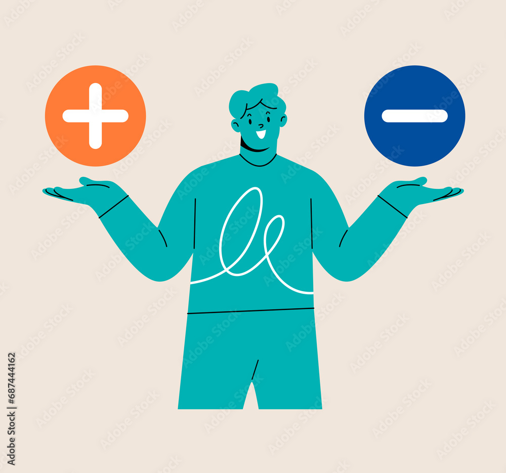 Man hold plus and minus symbols. Pros and cons advantage comparison ...