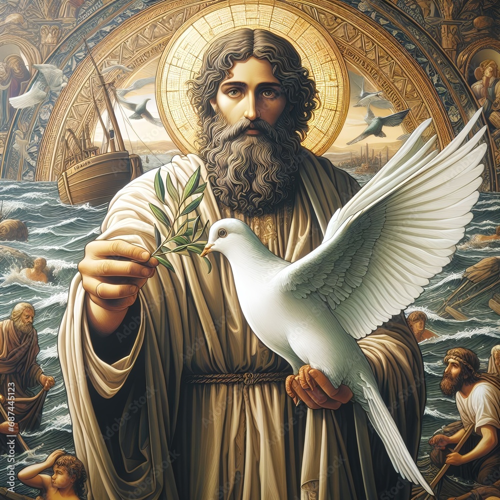 Noa hand the dove carrying an olive leaf, religious story, generated ...