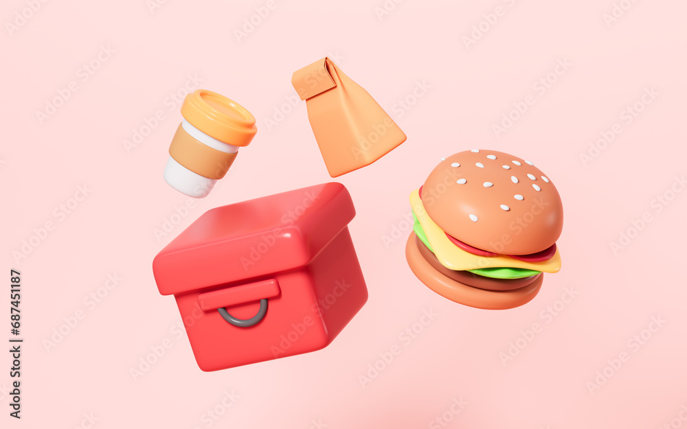 Cartoon takeout box and food, 3d rendering. Stock Illustration | Adobe ...