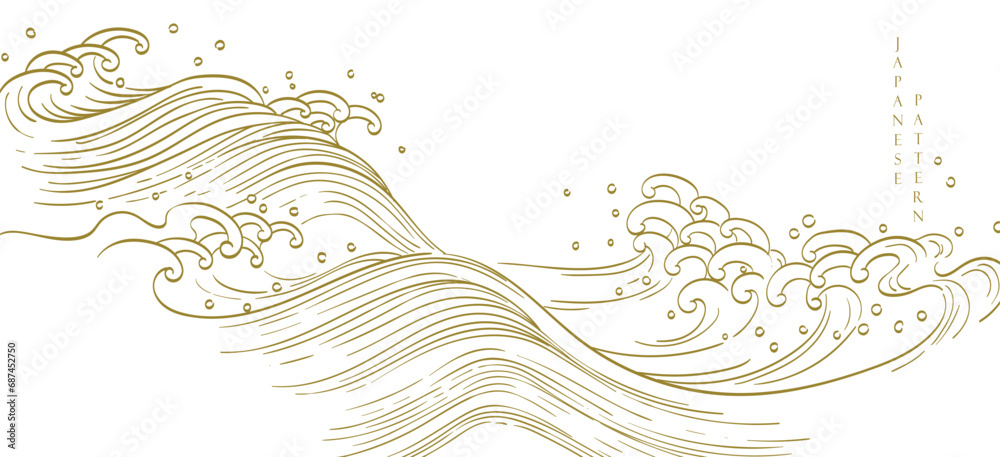 Japanese background with hand drawn line wave element vector. Oriental ...