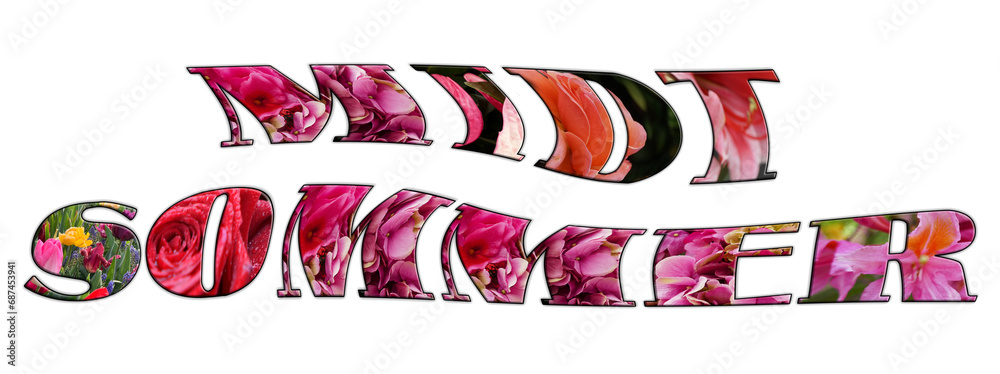 Word 'Midtsommer' (Midsummer) made with a flower alphabet on a ...