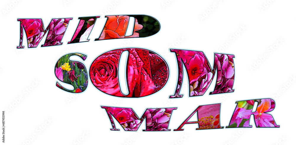 Word 'Midsommar' (Midsummer) made with a flower alphabet on a ...