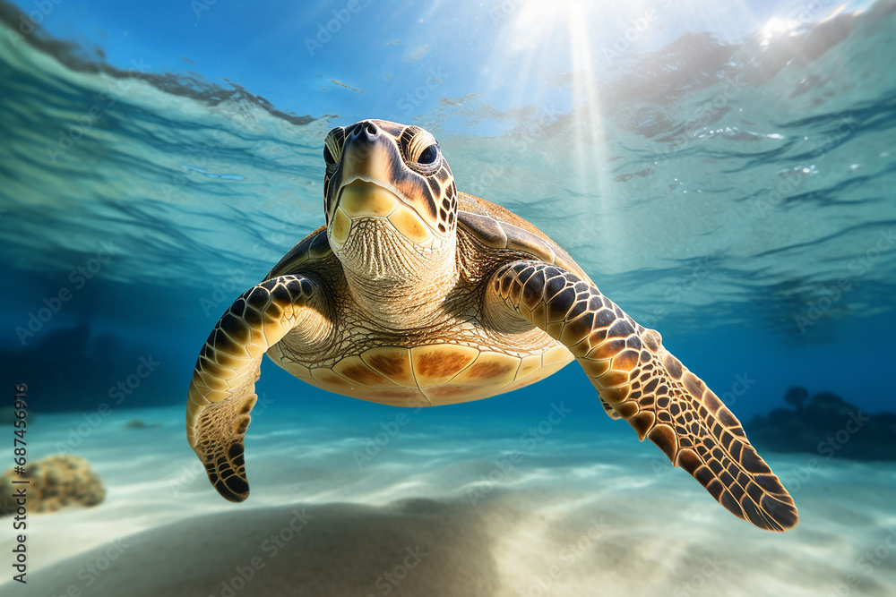 the close up of a loggerhead sea turtle swims in the turquoise aquatic ...