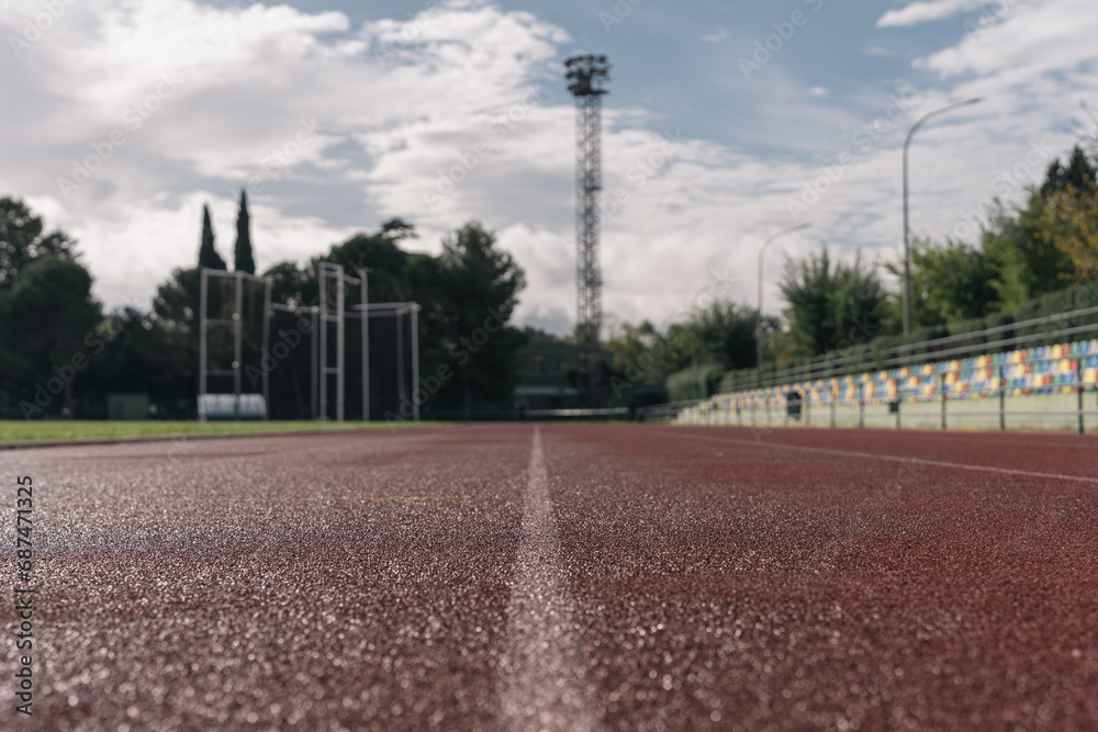 Empty athletics track. Local high performance sports center. Ground ...