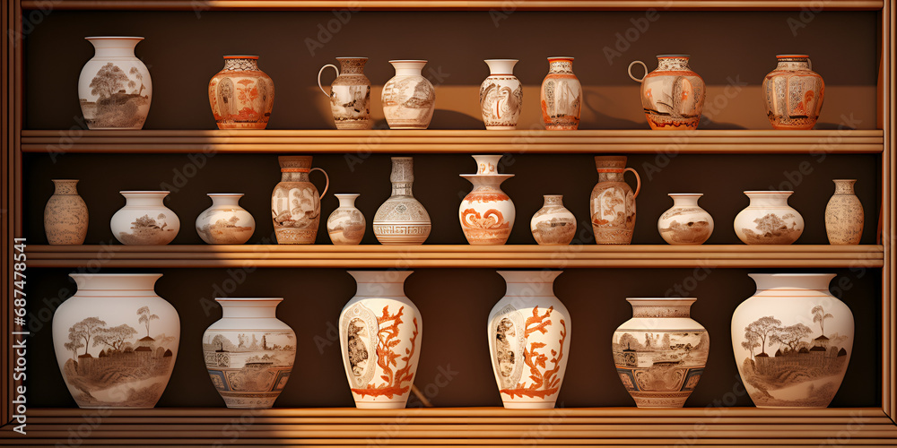 vases on the wall,decorative hand-painted pottery arranged in a ...