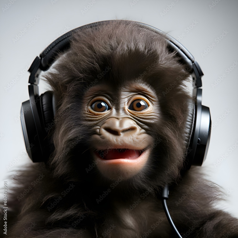 Cute and happy little monkey in headphones looks into the frame on a ...