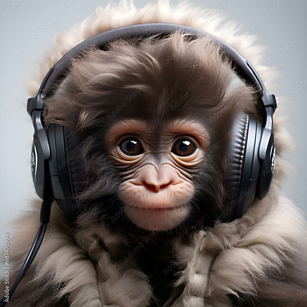 Cute and happy little monkey in headphones looks into the frame on a ...