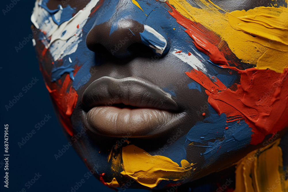 pensive figure, face partially obscured by bold, paint strokes in ...