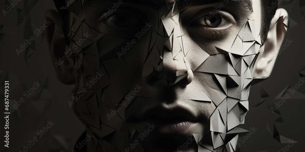 cubist depiction of a male face, sharp angular shapes, deep ...