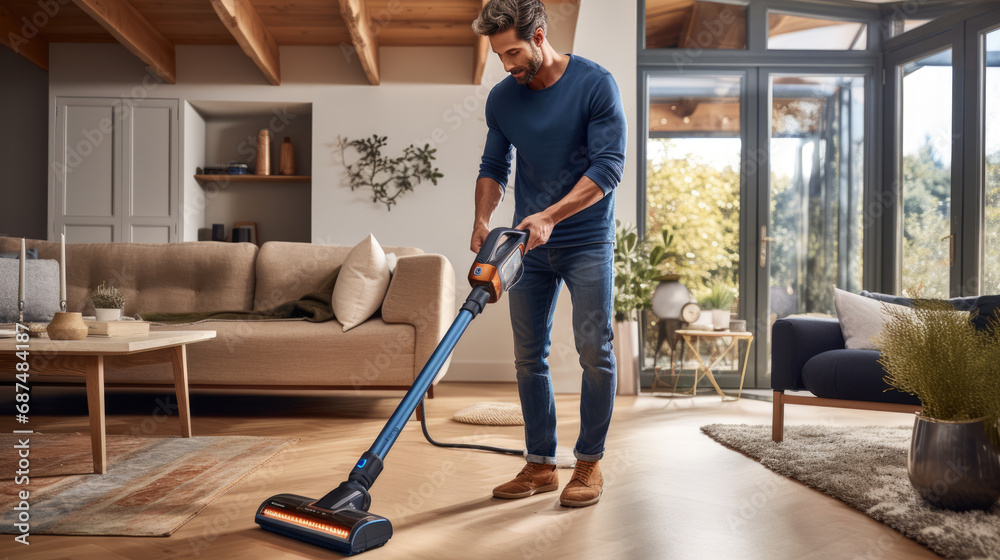 Person using a handheld cordless vacuum cleaner to tidy up the living ...