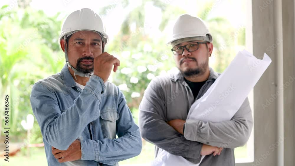 Two partner contractors, foreman, manager male arm crossed looking at camera, young architect ...