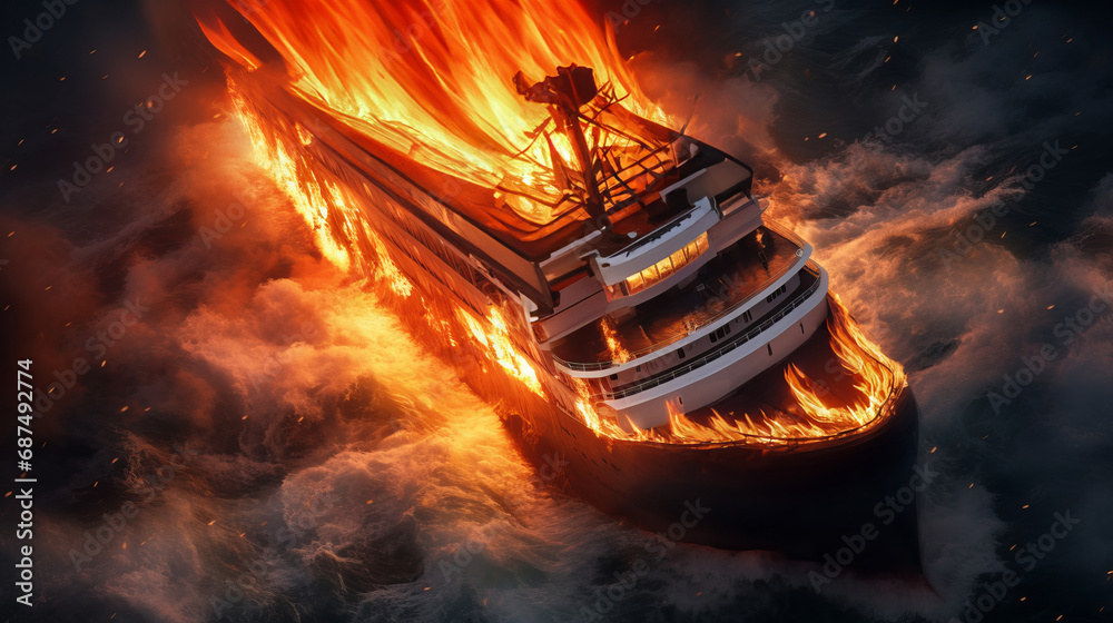 Passenger ocean liner ship engulfed in fire on high seas amidst turbulent waves, tragic and ...