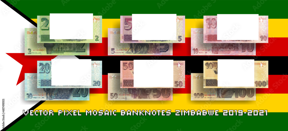 Vector set of pixel mosaic banknotes of Zimbabwe. Collection of notes ...