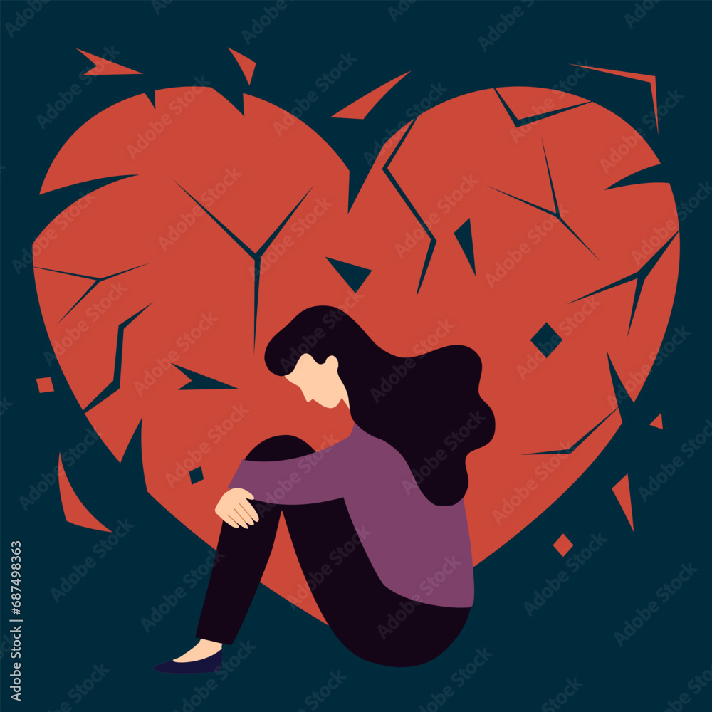 Heartbroken sad woman sitting alone with broken heart on background ...