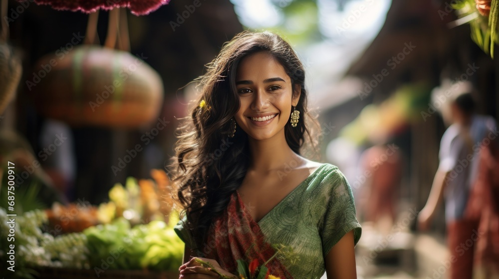 Beautiful Balinese woman in traditional cultural clothing background ...