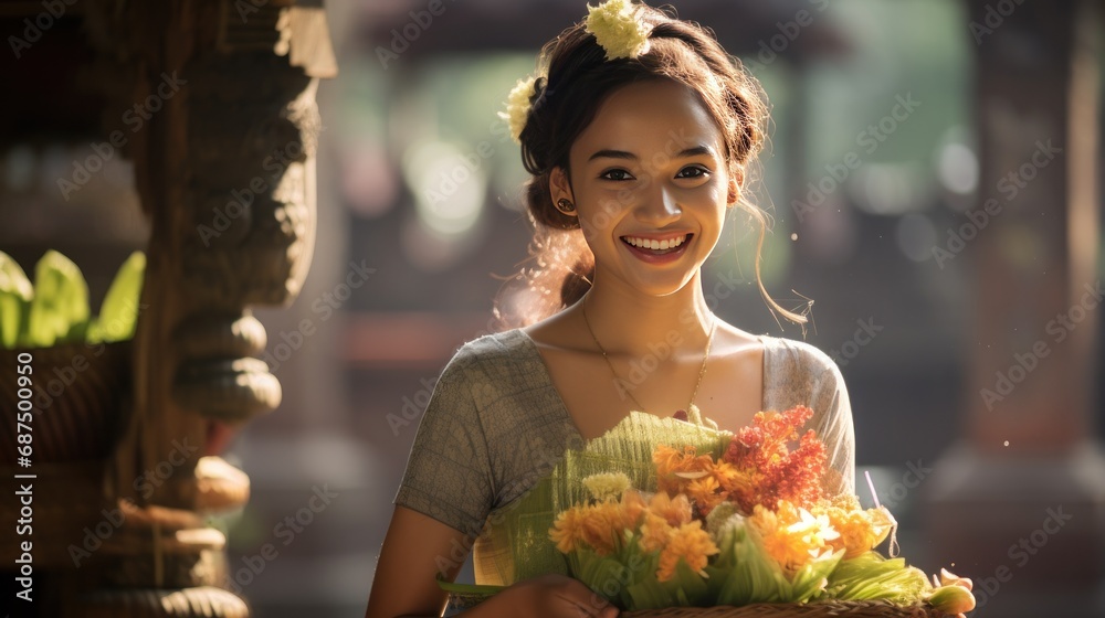 Beautiful Balinese woman in traditional cultural clothing background ...
