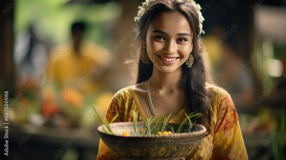 Beautiful Balinese woman in traditional cultural clothing background ...