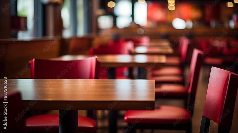 Empty fastfood restaurant interior with red chairs and table in a row ...