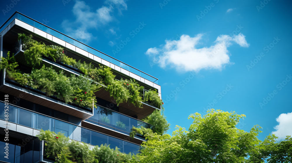 Eco-friendly building in the modern city. Sustainable glass office ...