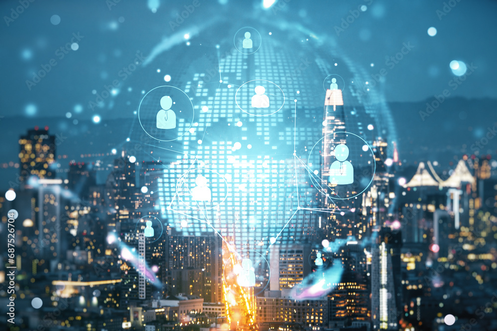 Virtual social network hologram and world map on San Francisco skyline ...